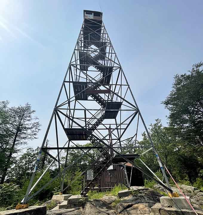 This fire tower reaches skyward like a giant Erector Set, promising views that'll make your Instagram followers weep.