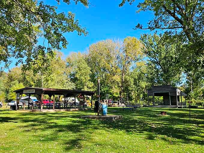 Stockholm Village Park offers shade trees and picnic spots where time slows down to a civilized crawl.