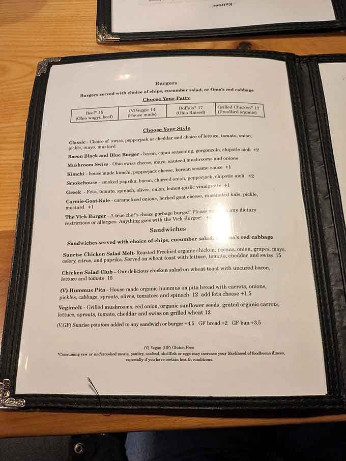 Creative burger combinations meet thoughtful vegetarian options on a menu designed for adventurous eaters and comfort seekers alike.