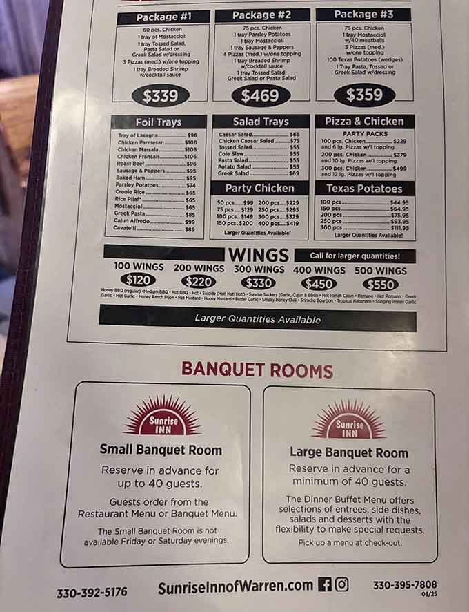 This menu means business: party trays, banquet packages, and enough wings to feed your entire neighborhood gathering.