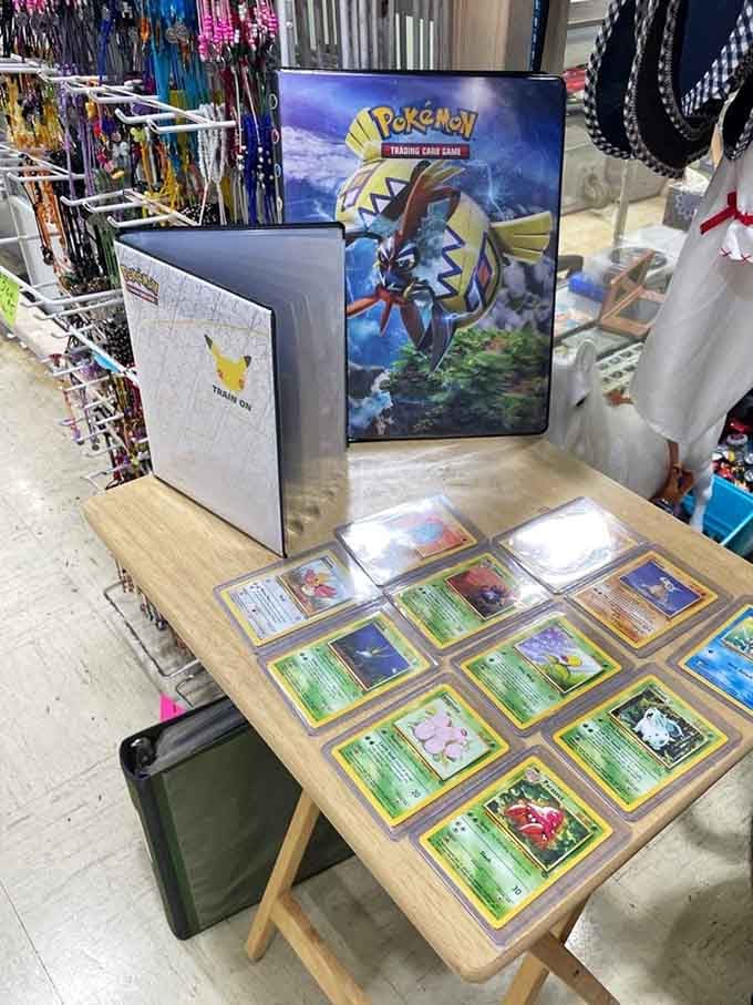 Pokemon cards displayed like precious artifacts, because someone's childhood collection is another person's retirement plan.