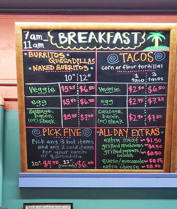 Hand-painted menus mean someone cared enough to make ordering breakfast feel like discovering a treasure map to deliciousness.