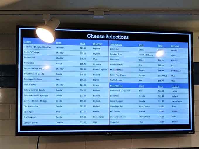 When a digital menu board displays this many international cheese varieties, you know someone here takes dairy very seriously.