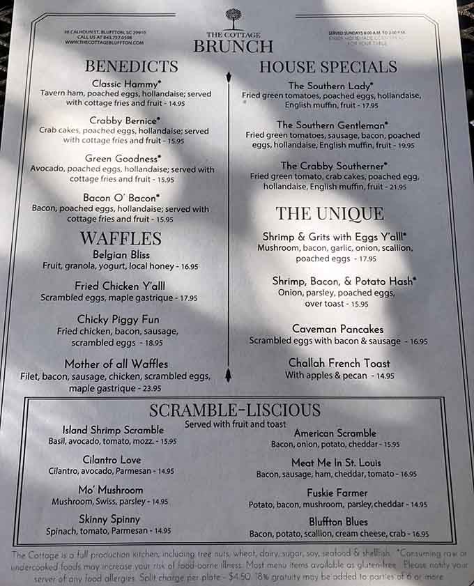 This menu reads like a Southern breakfast love letter, with enough creative twists to make every decision deliciously difficult.