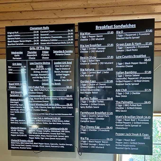 The menu board reveals an impressive array of creative breakfast options that'll make decision-making delightfully difficult.