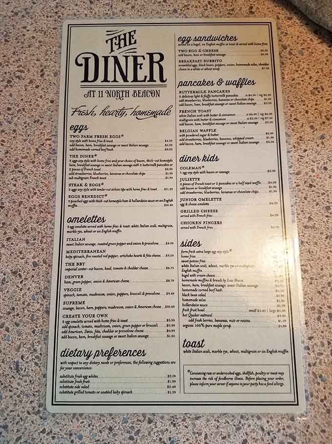 This menu speaks fluent comfort food, offering everything from Belgian waffles to build-your-own omelettes.