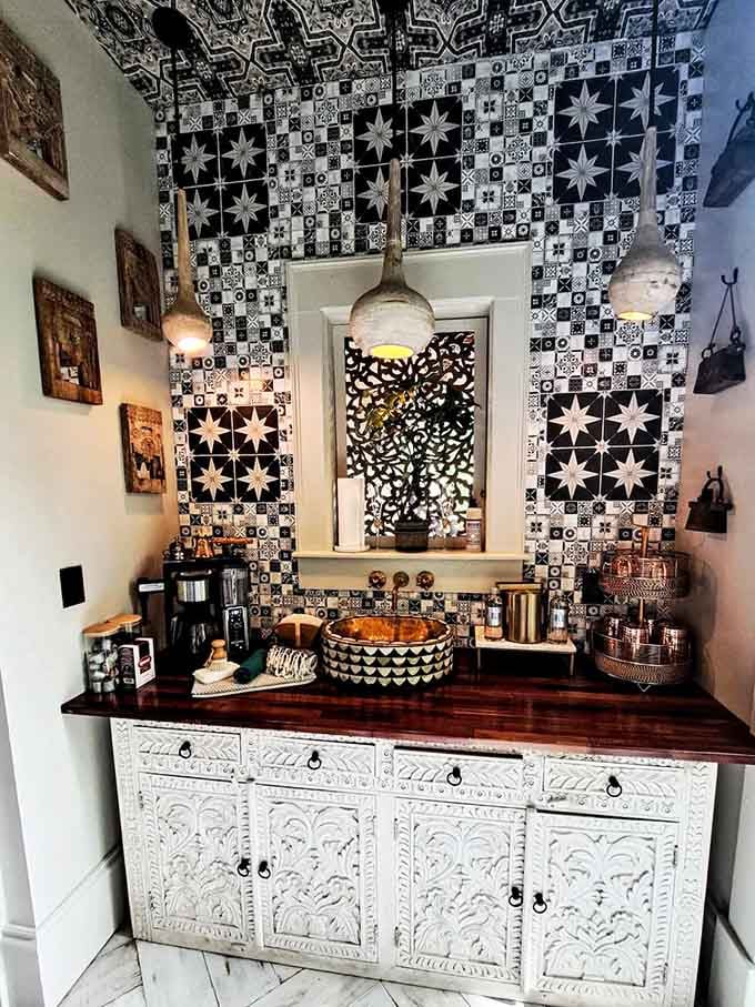 That tilework alone is worth the trip, turning your morning coffee routine into an exotic adventure.