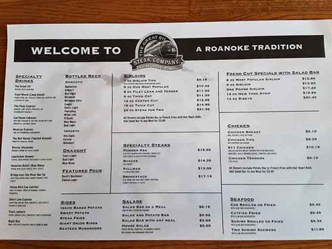 This menu reads like a love letter to beef lovers, offering everything from sirloins to specialty cuts that'll make you hungry.