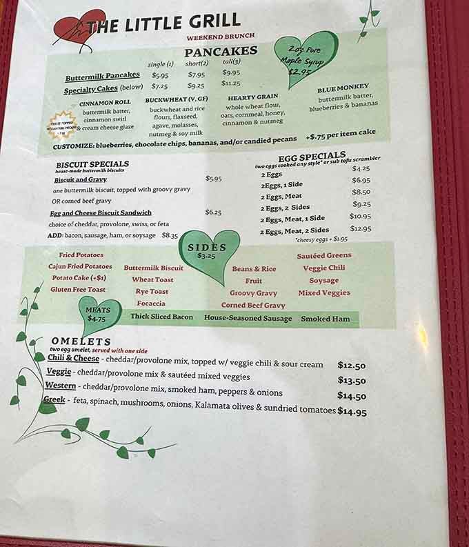 This menu reads like a love letter to breakfast, offering everything from classic buttermilk stacks to creative omelet adventures.