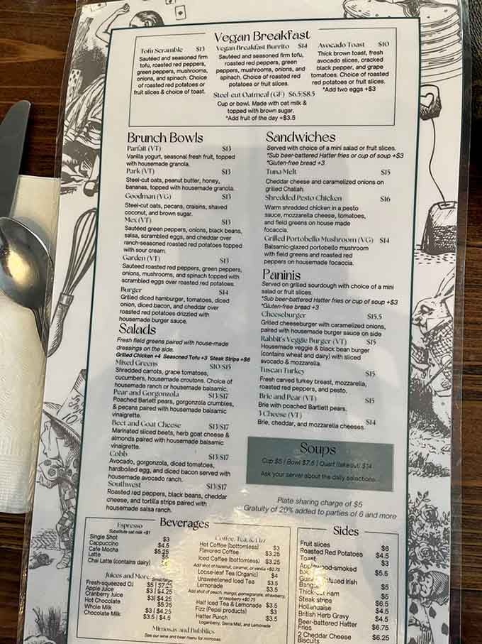 This menu reads like Carroll's fever dream, except everything here is deliciously real and ready to order.