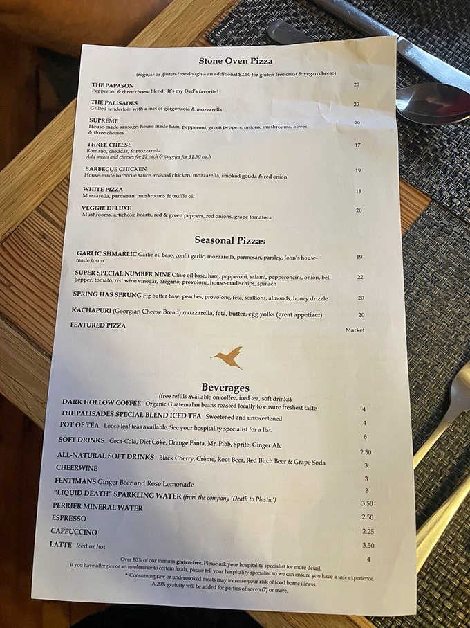 Stone oven pizzas and seasonal specials share menu space with creative beverages that go way beyond your standard soda fountain.