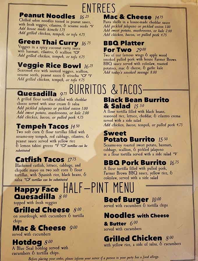 This menu reads like a greatest hits album where Thai curry shares the stage with BBQ perfection.