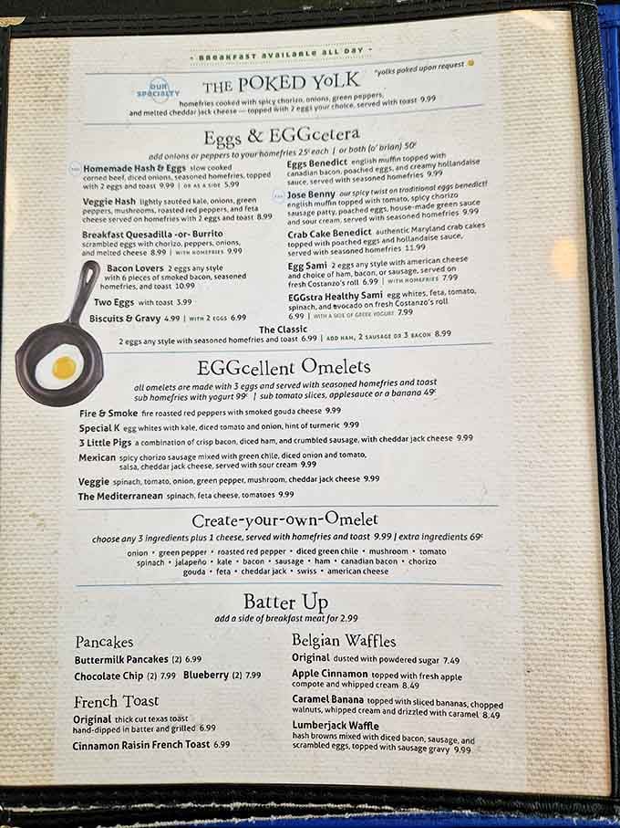 A menu that takes breakfast seriously while having fun with names like "3 Little Pigs" and "Fire & Smoke."