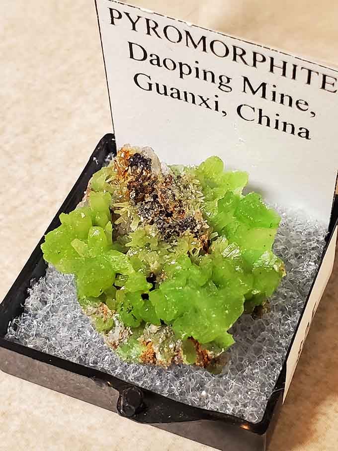 Pyromorphite from China glows green like kryptonite, proving Earth creates better special effects than any Hollywood studio.