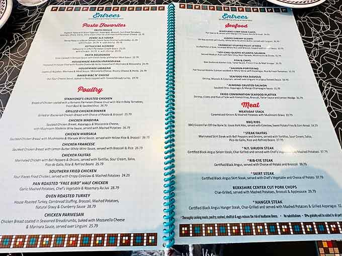 When your menu needs a spiral binding, you know you're in for some serious decision-making paralysis.