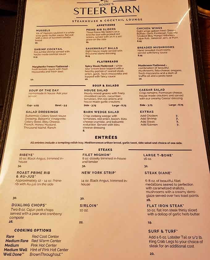 A menu where "Dualing Chops" and "Surf & Turf" coexist peacefully, unlike most family reunions.