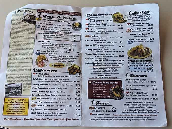 This menu holds the secrets to Lake Erie's finest offerings, printed right there in black and white.
