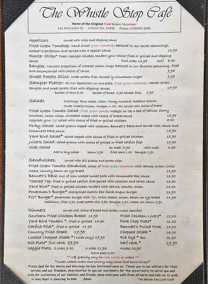 The menu that launched a thousand road trips, featuring those legendary fried green tomatoes everyone raves about.