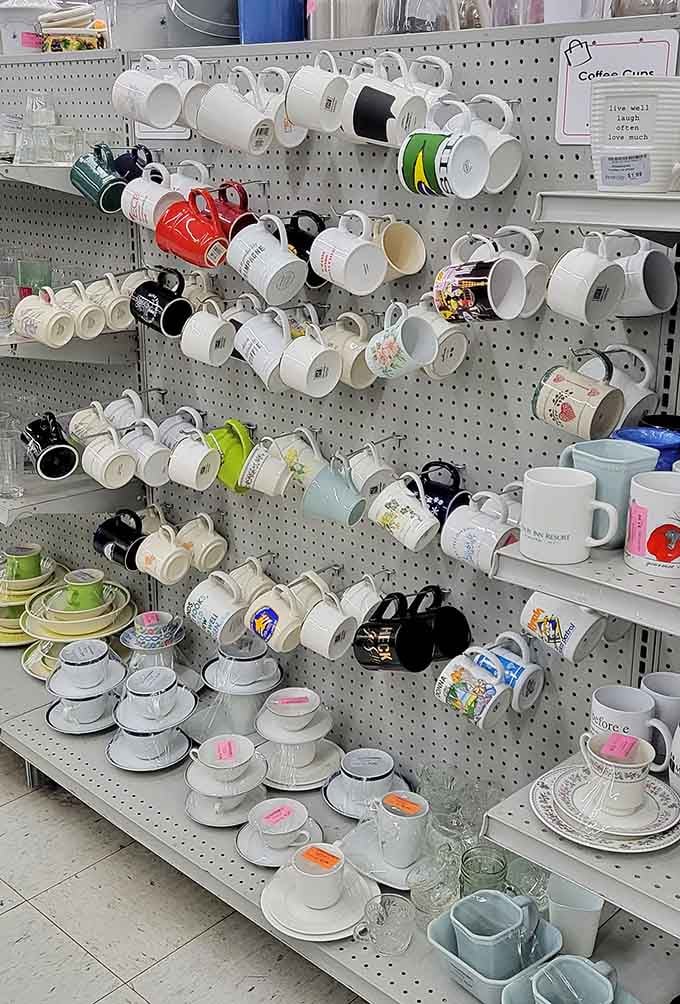 Coffee mugs hanging like art installations, each one telling stories of morning routines from lives past.