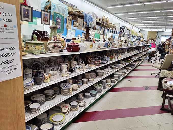 This housewares aisle stretches into infinity, proving one person's cupboard cleanout is another's decorating goldmine.