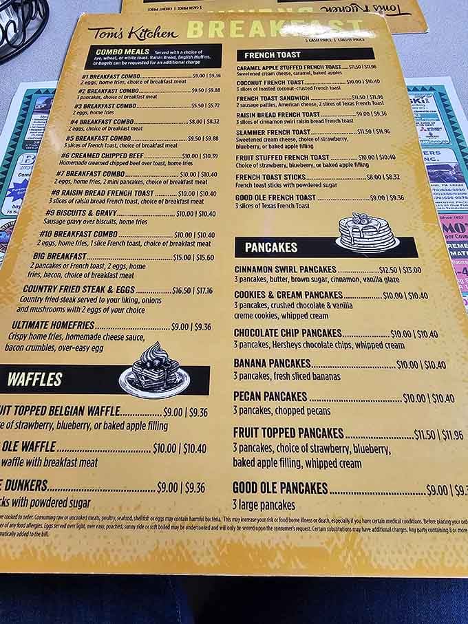 This menu reads like a love letter to breakfast, offering more pancake varieties than most people try in a lifetime.
