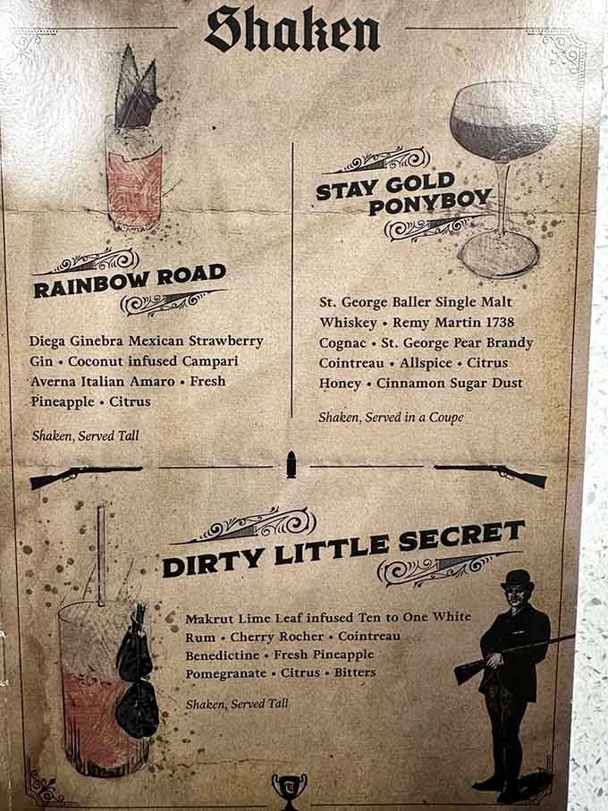 The cocktail menu reads like a love letter to craft mixology, with drinks named after literary references and childhood nostalgia.