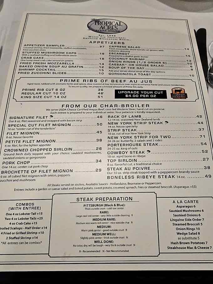 This menu doesn't mess around: serious cuts, serious portions, and that glorious King Size prime rib option.