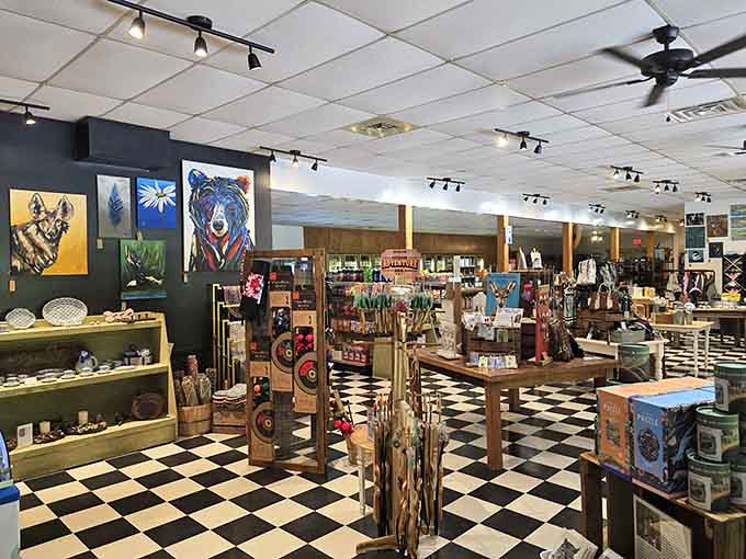 Inside, that checkered floor and curated displays create a shopping experience that feels like a treasure hunt with better lighting.
