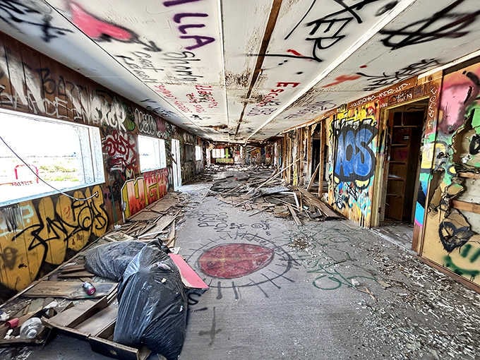 Inside, graffiti transforms decay into an unexpected art gallery where history meets modern street culture.