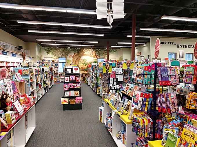 Colorful displays stretch endlessly, proving that paradise isn't a beach but rather aisles of endless reading possibilities.