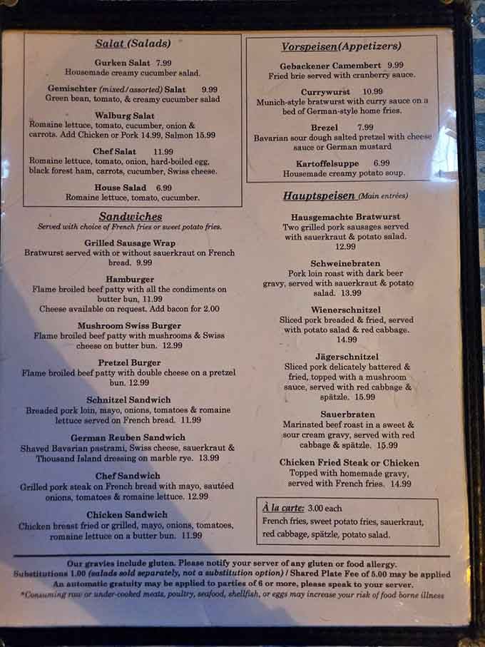 The menu reads like a love letter to Bavaria, offering everything from schnitzel to sauerbraten with glorious German precision.