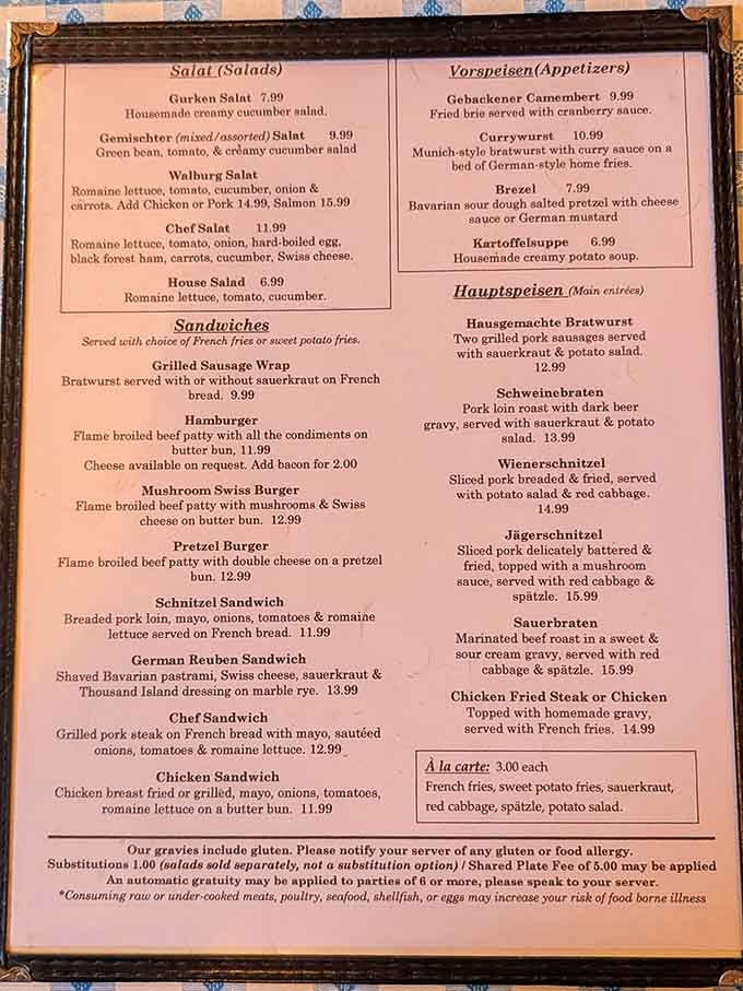 This menu reads like a love letter to German cuisine, from schnitzel to sauerbraten to bratwurst galore.