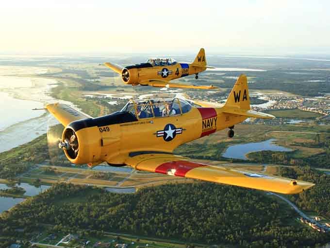 Two warbirds cruising in formation, proving that some friendships are built to last through decades and cloud layers.