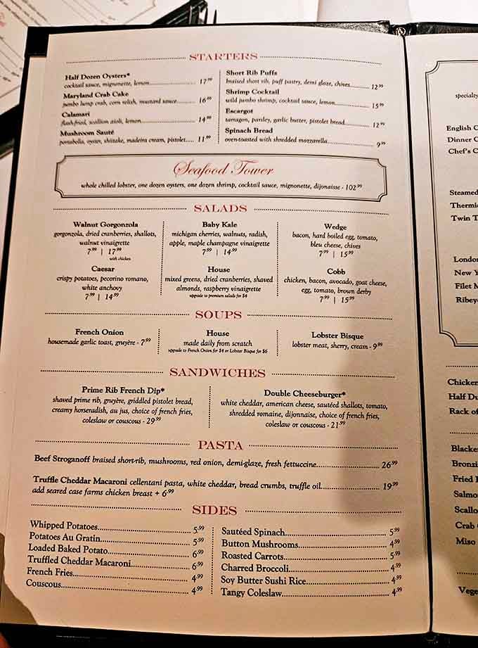 This menu reads like a greatest hits album of American dining, from escargot to prime rib perfection.