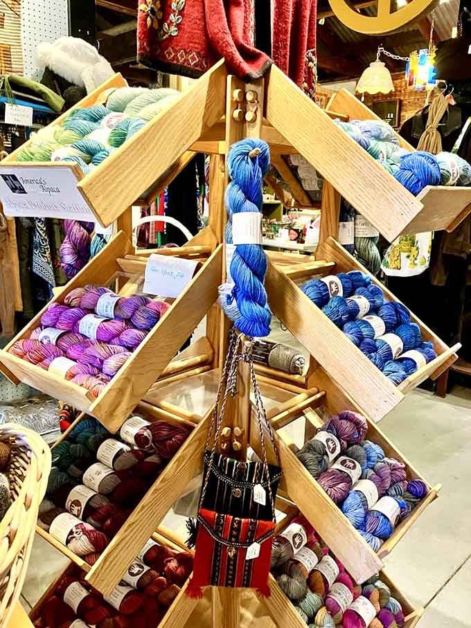 Yarn enthusiasts will lose track of time browsing these vibrant skeins displayed in clever wooden organizers throughout the space.