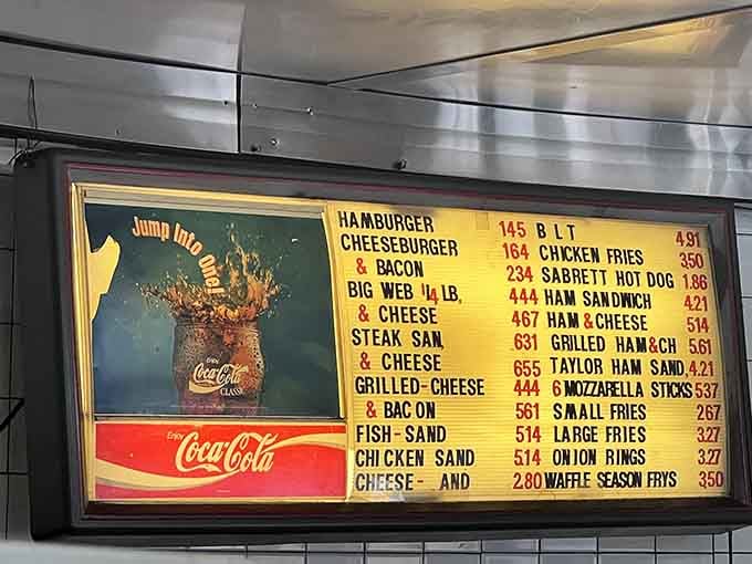 That vintage menu board isn't just decoration, it's your roadmap to burger bliss and onion ring enlightenment.