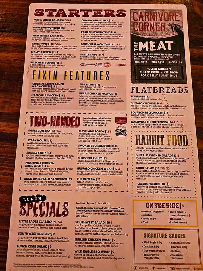 When a menu features "Carnivore Corner" and "Fixin Features," you know the kitchen isn't messing around with portion sizes.