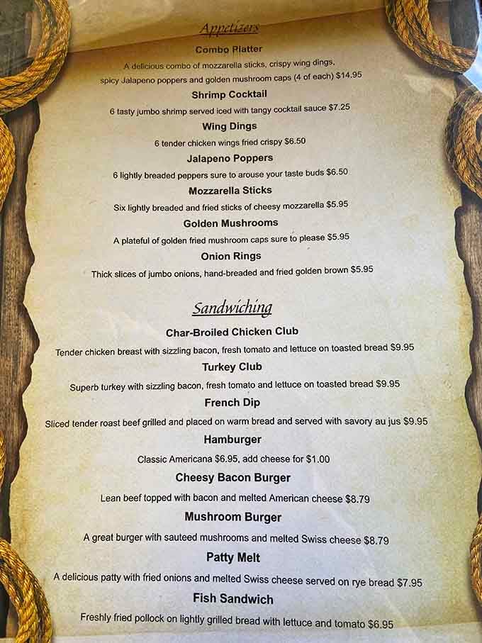 From mozzarella sticks to French dip sandwiches, this menu reads like a greatest hits album of American comfort food done right.