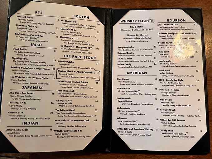 A whiskey menu this extensive deserves respect, featuring everything from Japanese selections to rare American finds worth exploring.