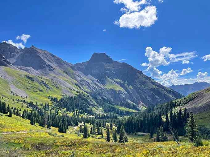 Mountains frame meadows in a composition so perfect, even Bob Ross would need a moment.