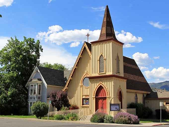 This charming church with its distinctive steeple looks like it stepped out of a postcard from a simpler time.
