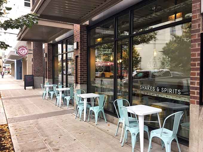 Modern brick meets retro seating where coffee, pies, and shakes create the holy trinity of comfort food.