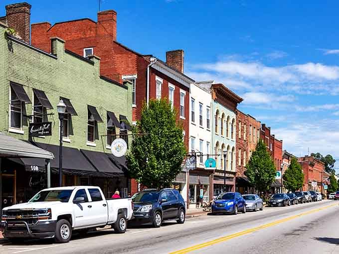 Brick buildings line up like old friends catching up over coffee, each one adding its own colorful personality.