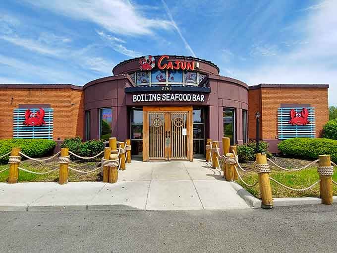Rope railings and nautical details transform this entrance into your own personal gateway to Cajun seafood heaven.