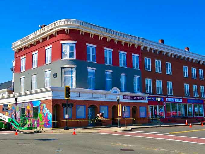 Red brick facades glow under blue skies in this city where Polish heritage meets New England charm.