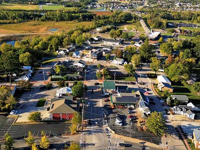 This bird's-eye view reveals a town square that's the beating heart of community life and weekend gatherings.