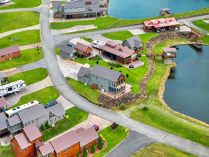 Colorful lakefront homes with their own boat docks prove that some folks really did find the perfect retirement setup.