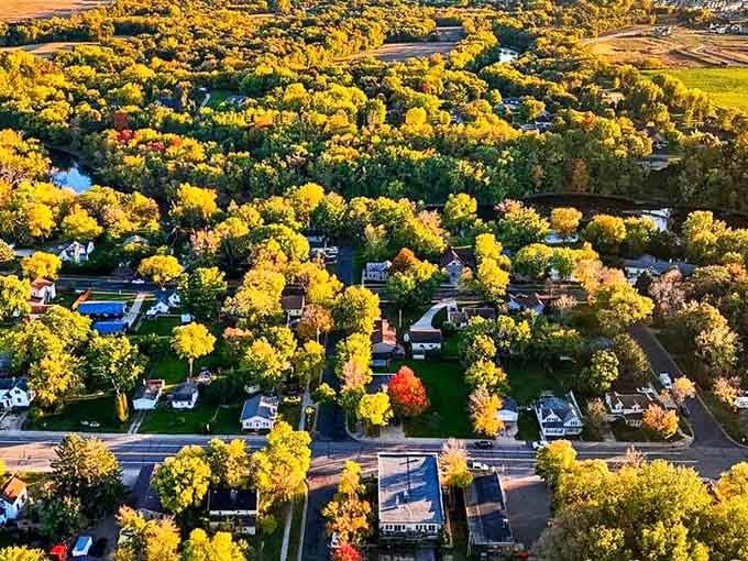 Golden autumn trees create a canopy over peaceful neighborhoods where kids still play outside until dinner time.