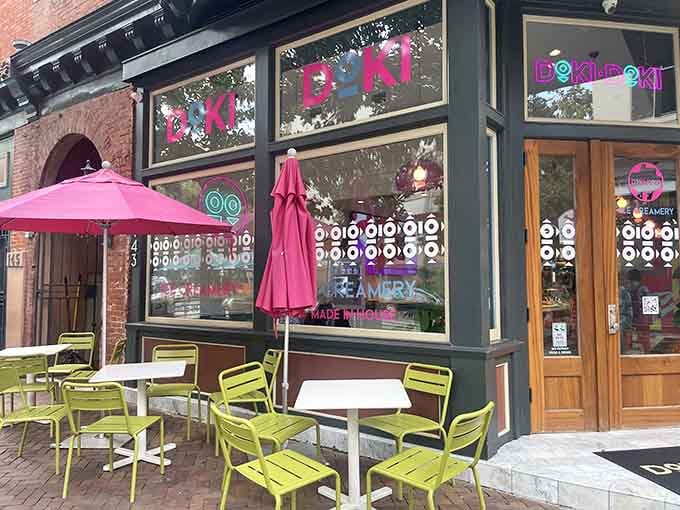 Pink umbrellas and lime-green chairs create a color party that matches the joy inside those cones perfectly.