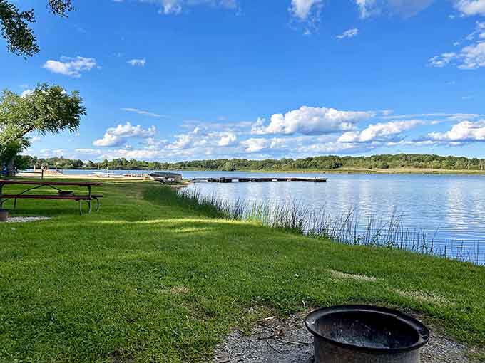 Picture-perfect blue skies reflect off calm waters while that fire ring promises s'mores and stories after sunset arrives.
